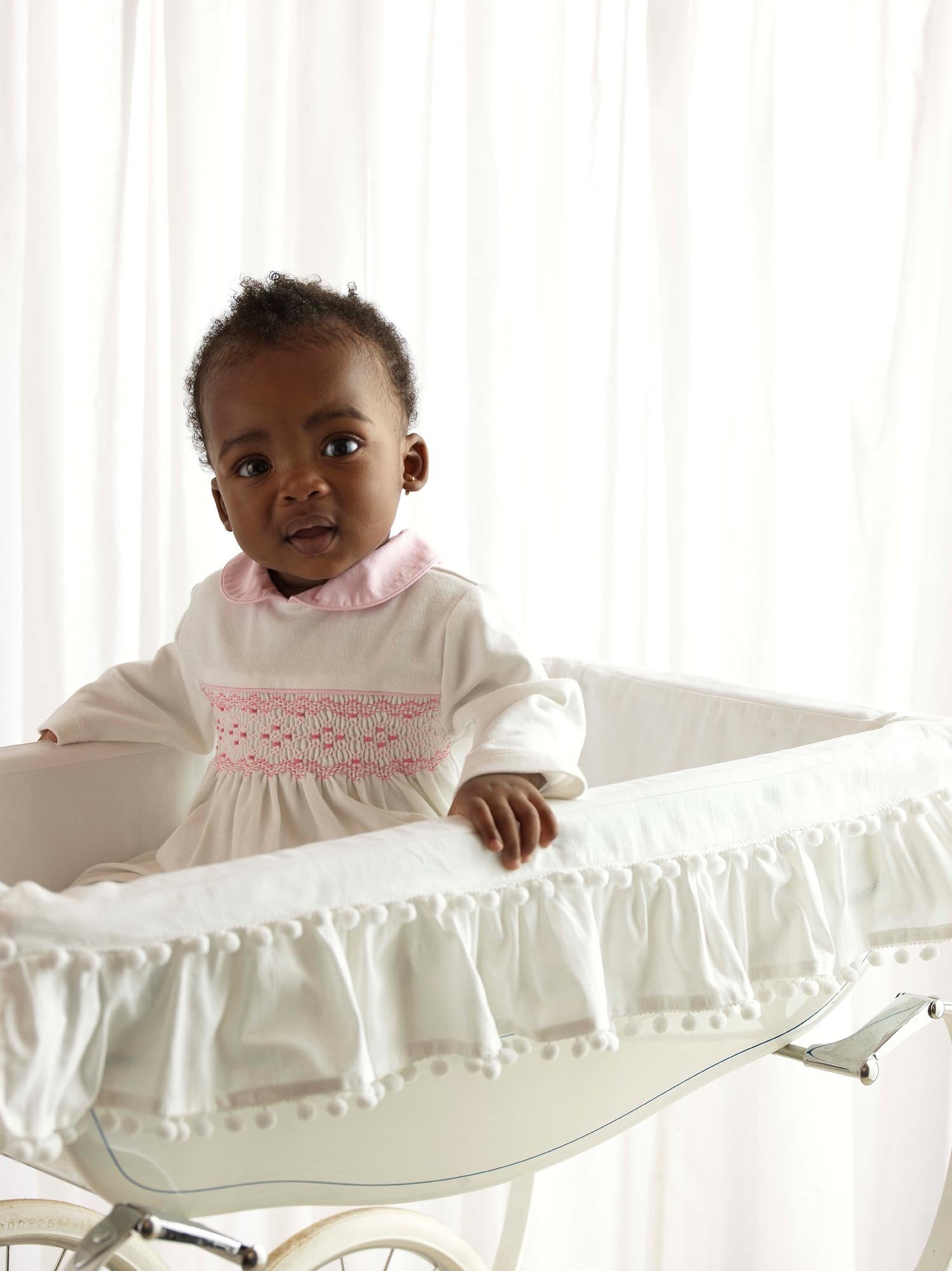 White and Pink Hand Smocked Babygro Footed Onesie for Baby Girls With ...