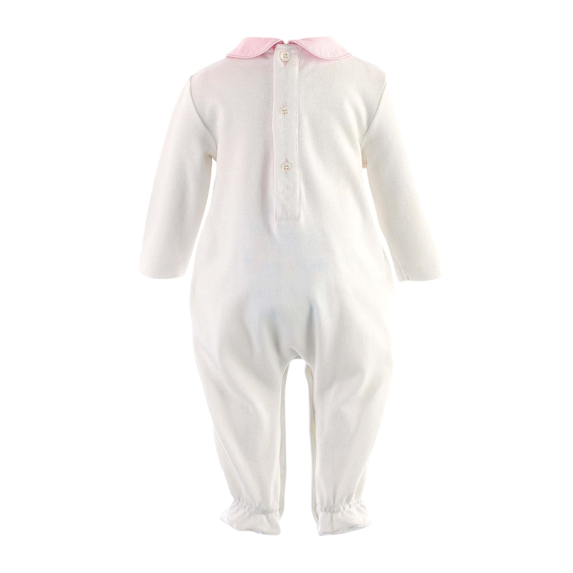White and Pink Hand Smocked Babygro Footed Onesie for Baby Girls With ...